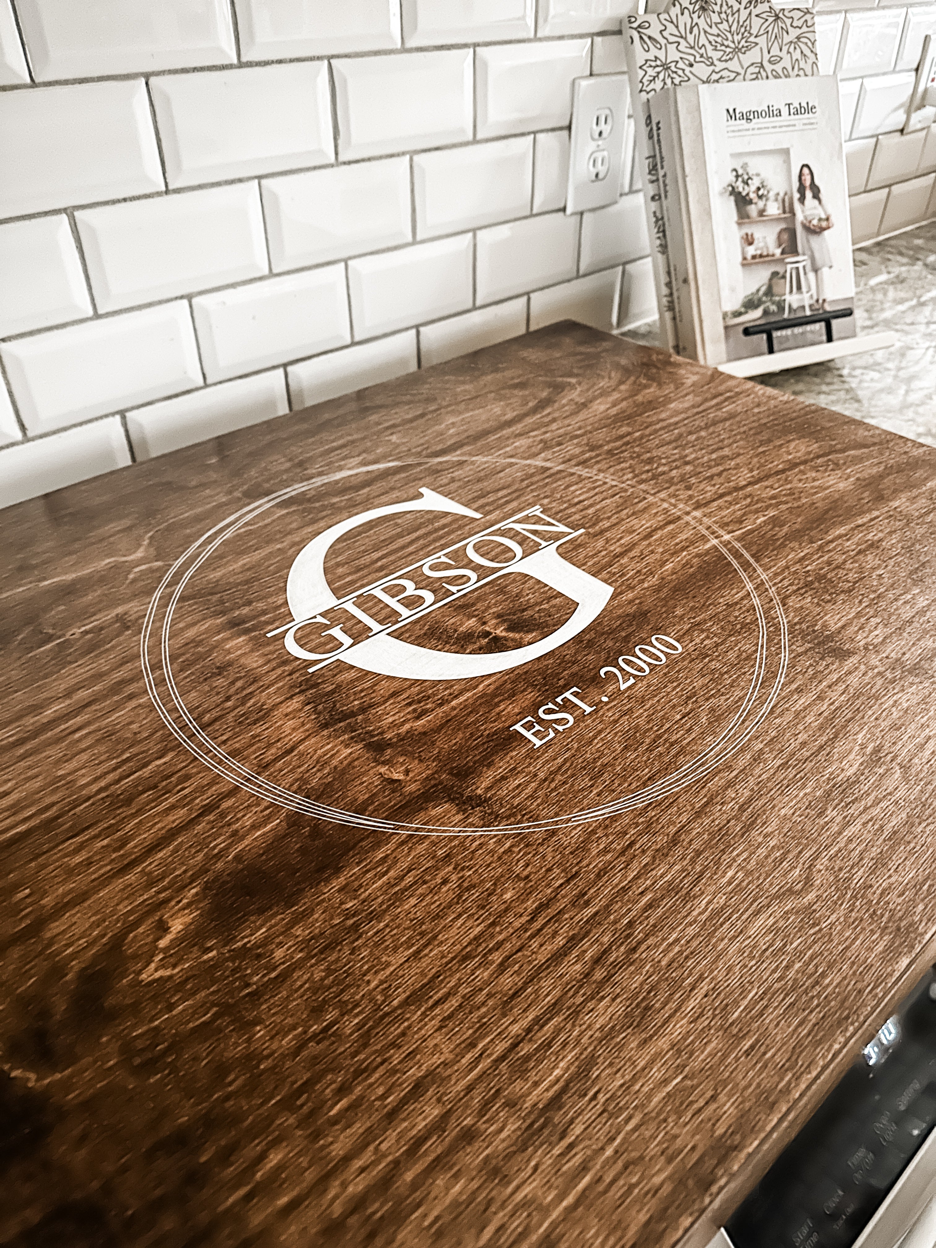 Personalized Monogram Stove Cover, Warm brown + White Script "Gibson ...