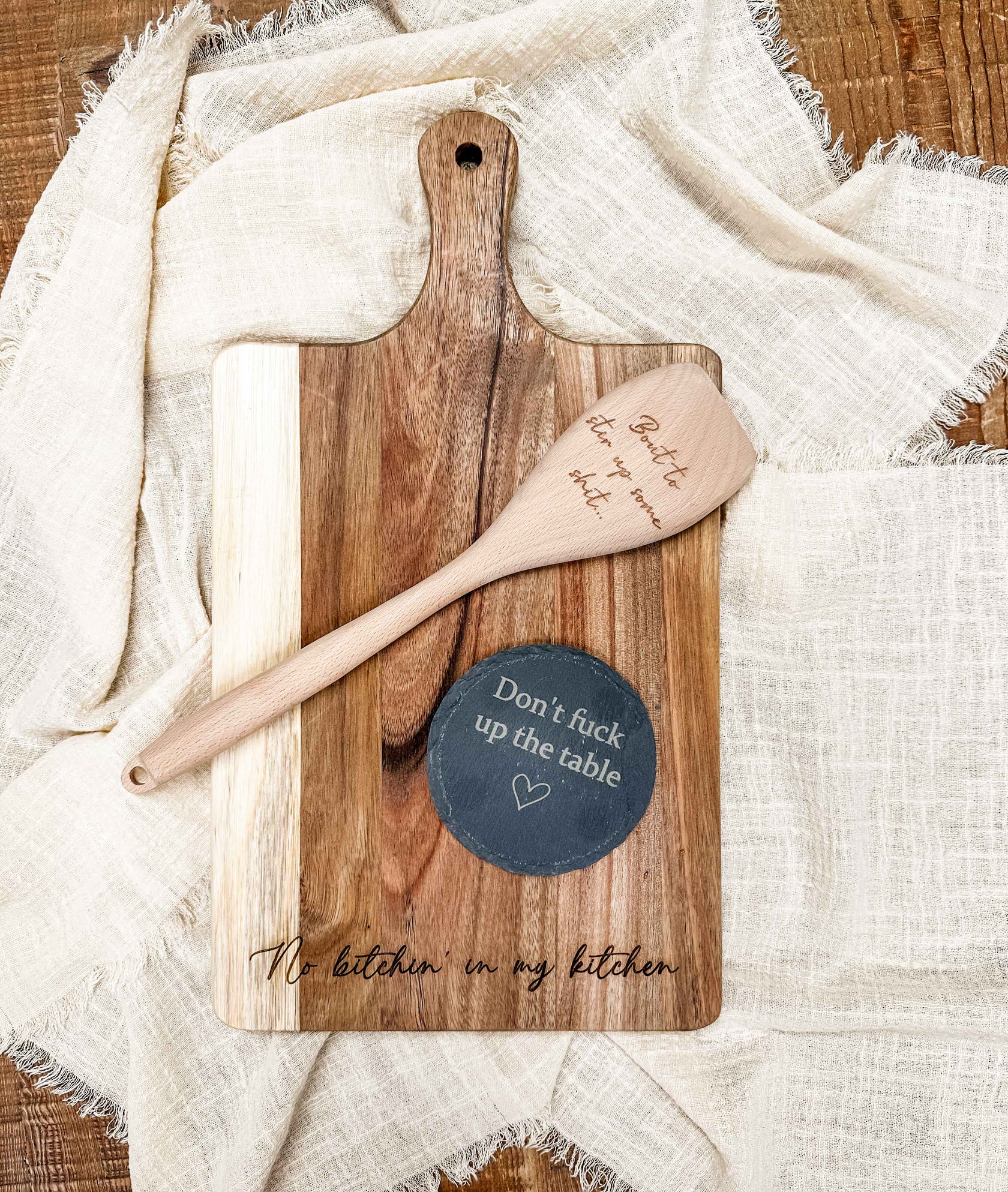 Engraved Cutting Board, Coaster, + Spoon Gift Set - Kitchen Humor ...