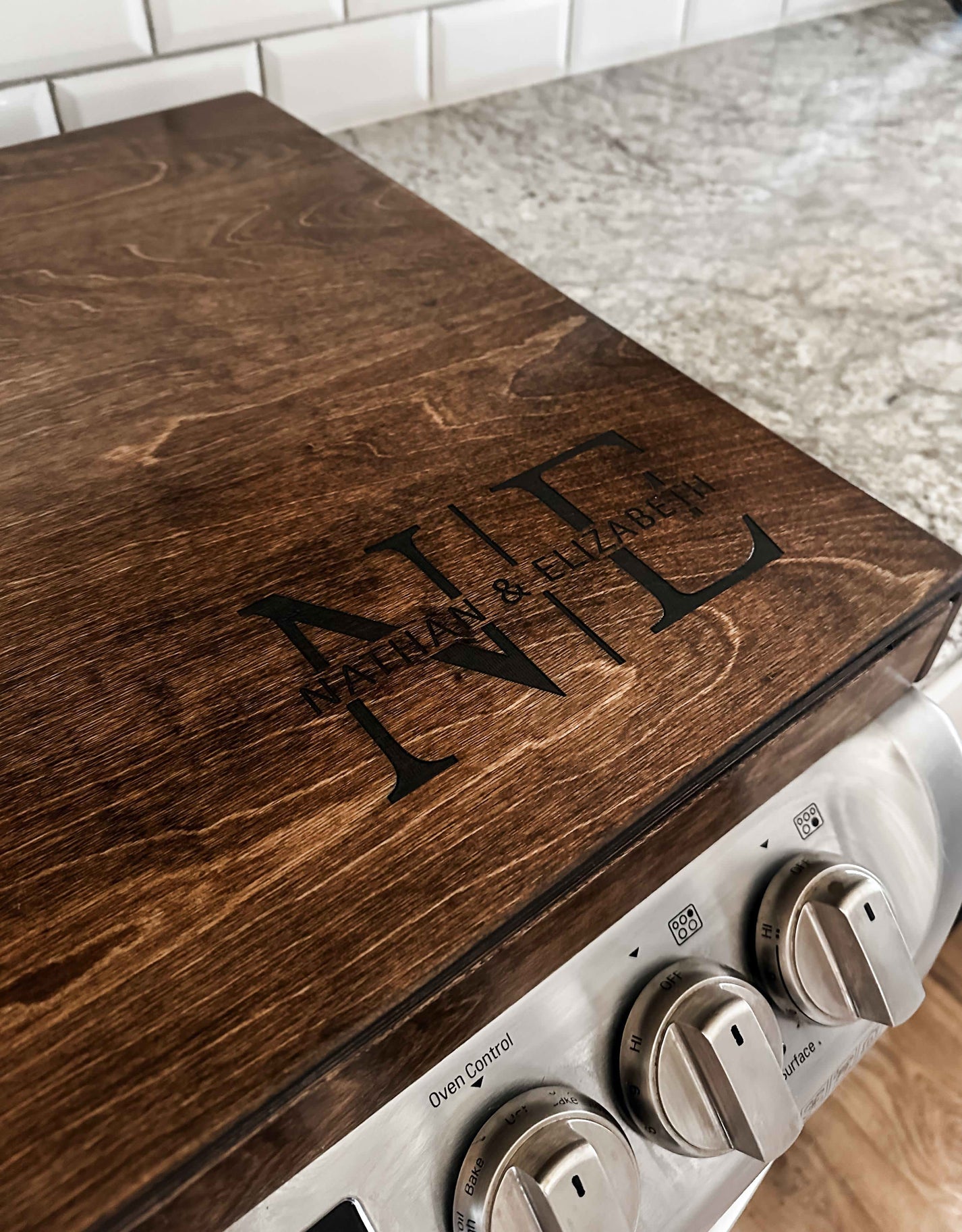 Personalized Monogram Stove Cover, Warm brown + Dark Script "Elizabeth ...