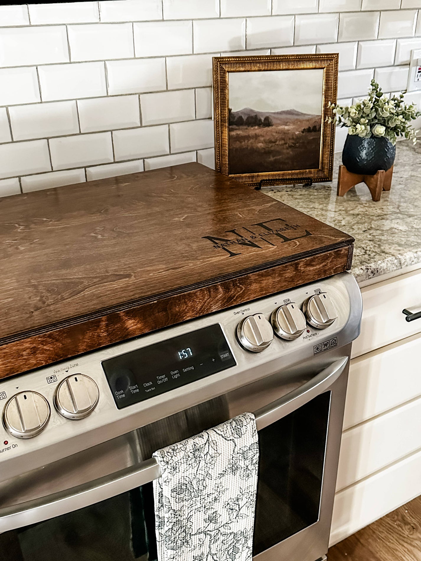 Personalized Monogram Stove Cover, Warm brown + Dark Script "Elizabeth – Josephine Thomas Home