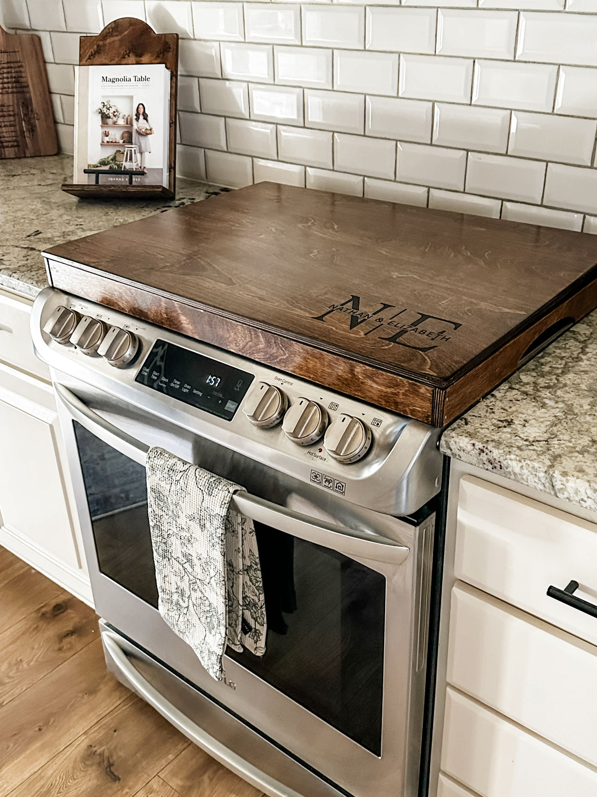 Personalized Monogram Stove Cover, Warm brown + Dark Script "Elizabeth – Josephine Thomas Home