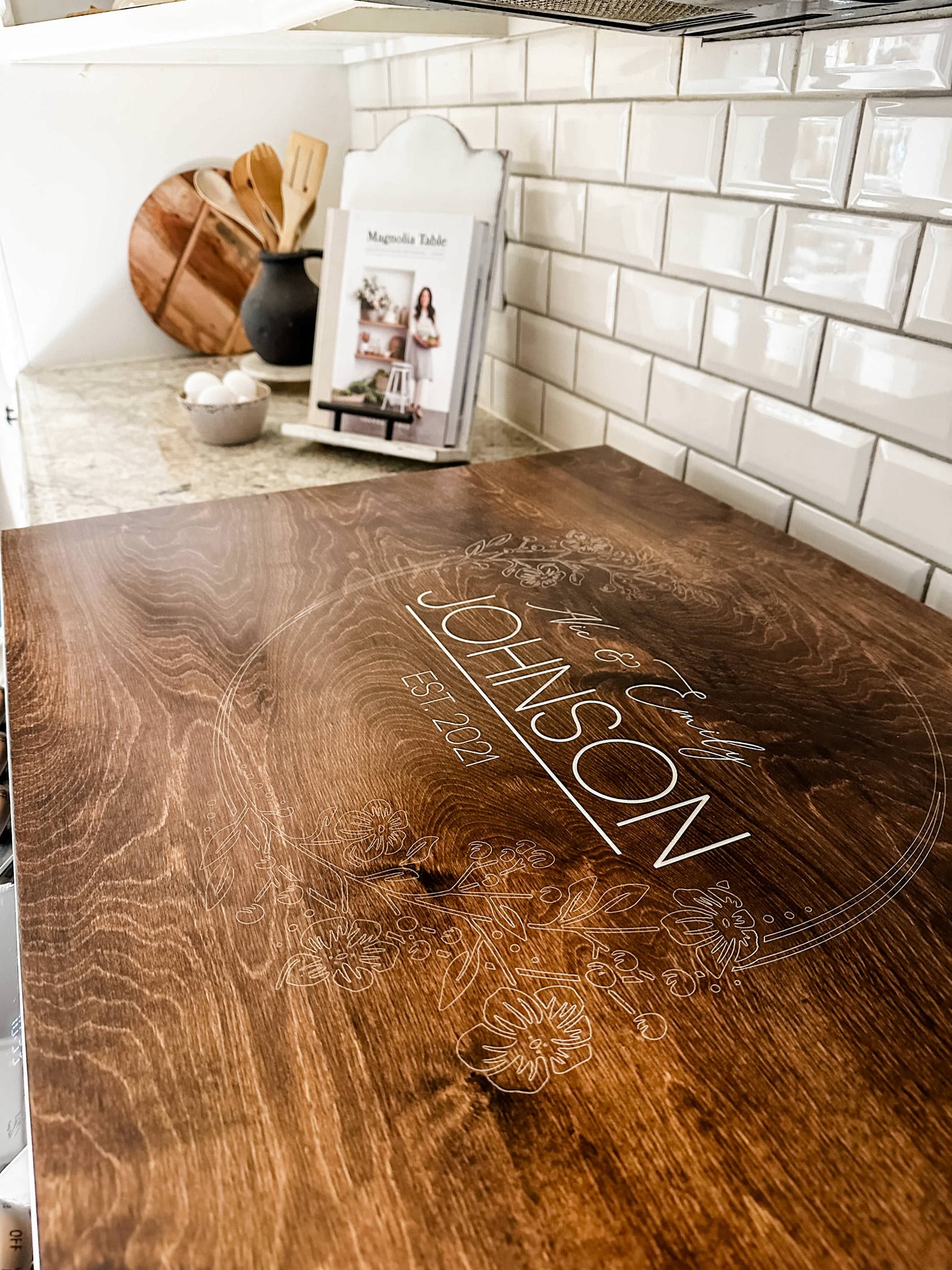 Personalized Wedding/Anniversary Stove Cover, Warm Brown + White Scrip ...