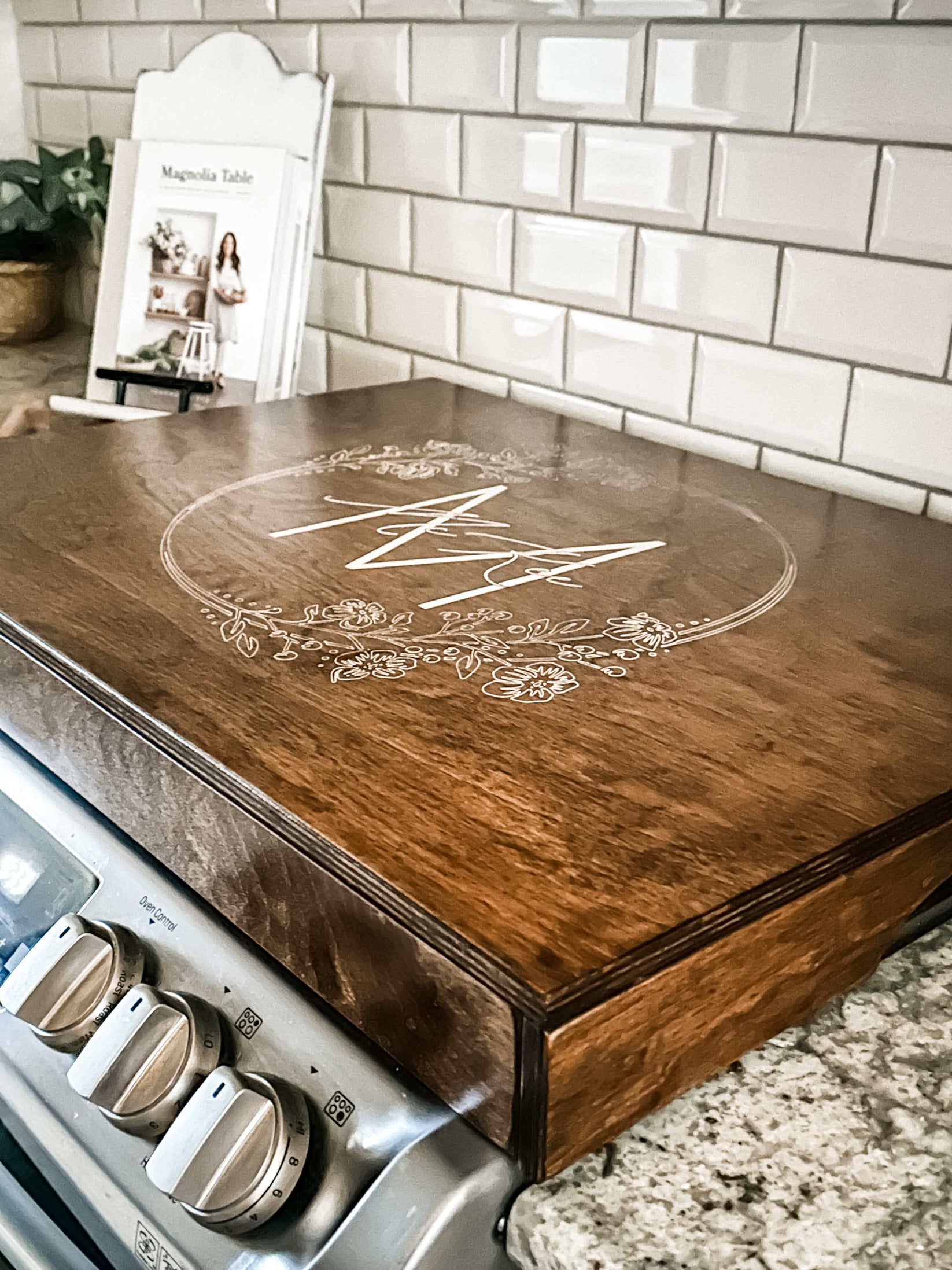 Personalized Monogram Stove Cover, Warm brown + White Script "McKee ...