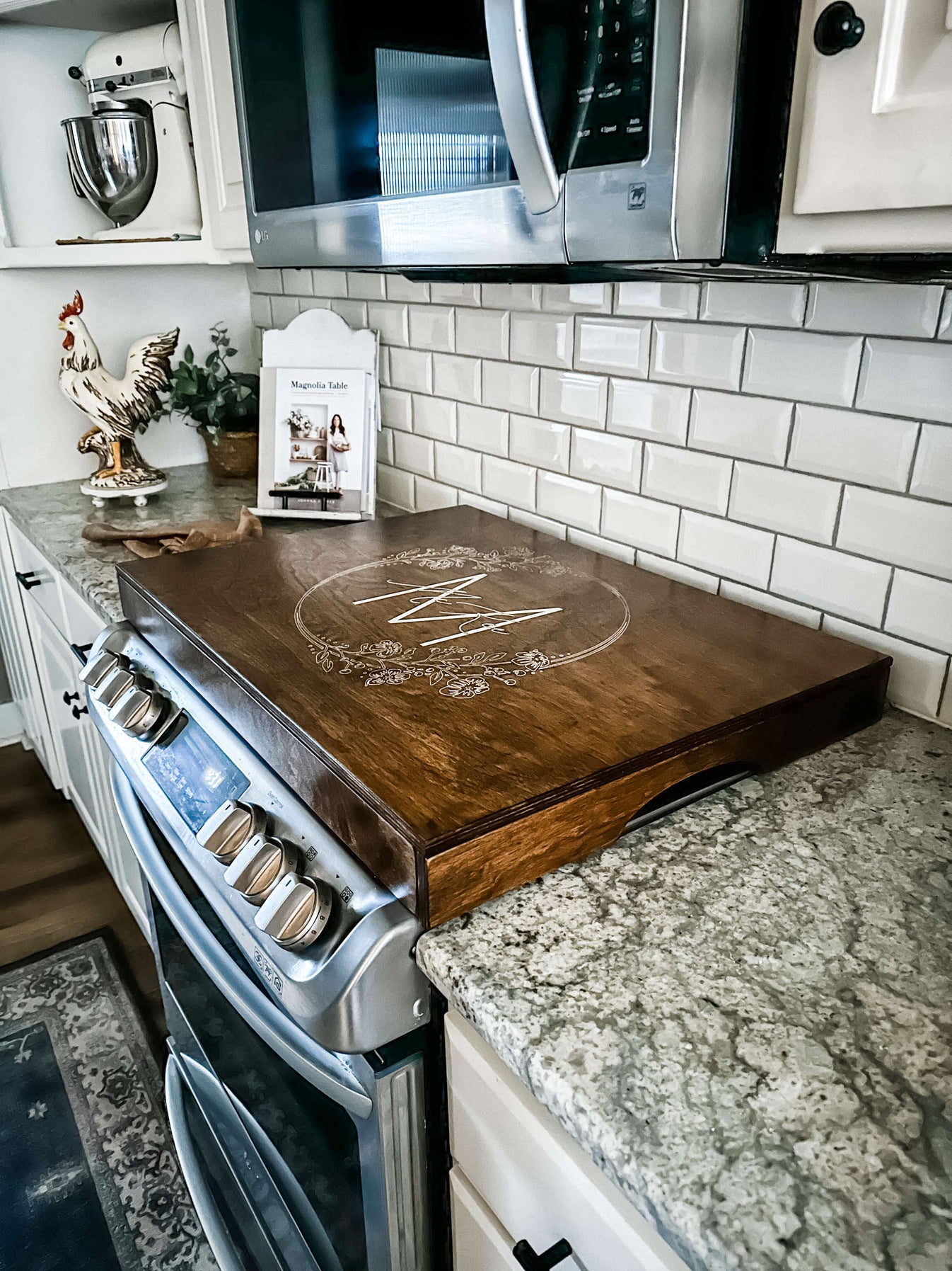 Personalized Monogram Stove Cover, Warm brown + White Script "McKee ...